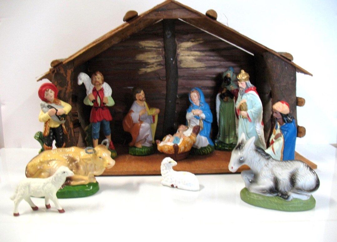 VTG JAPAN Nativity Manger Scene Set Creche Wood Stable Rustic Christmas ...
