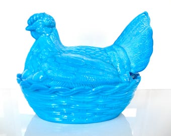 Vintage Westmoreland HEN ON A NEST Chicken Blue and Brown Swirl Slag ...