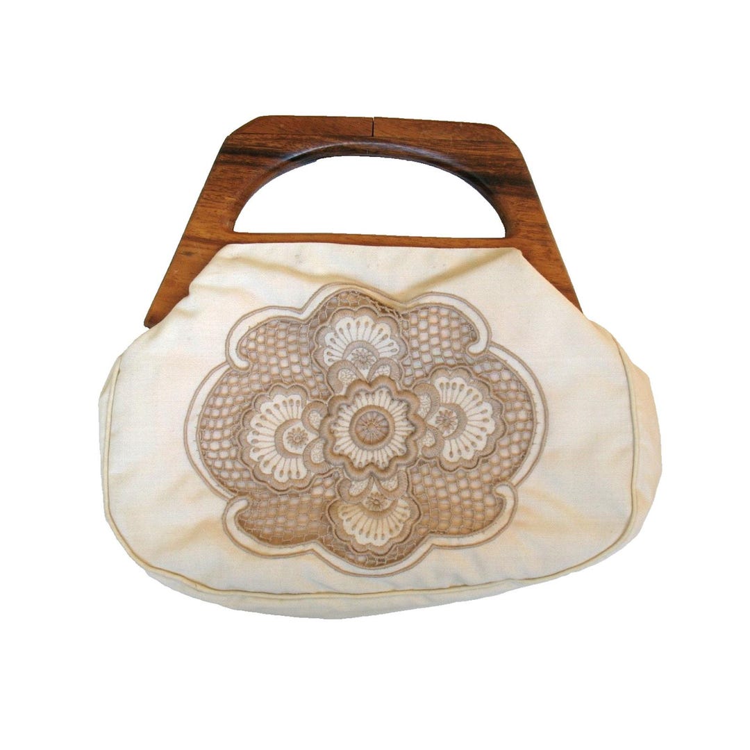 Vintage BERMUDA Lace Fabric Hand Bag Purse W/ Wood Handle Retro ...