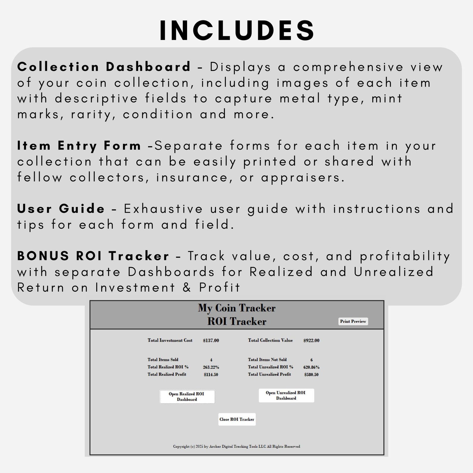 Digital Coin Collection Tracker With Bonus ROI and Profit Tracker, Coin ...