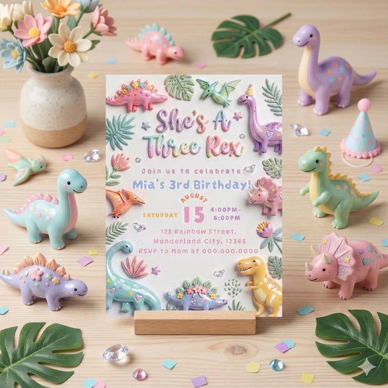 She’s a Three Rex Dinosaur Birthday Invitation, Pastel Dino Party ...