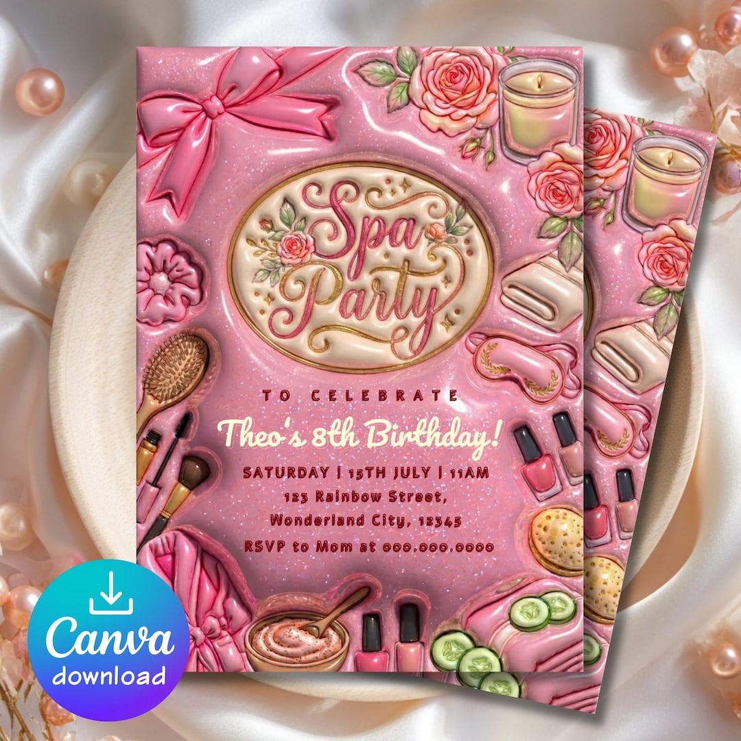 Pink Spa Party Invitation • 3D Clay Aesthetic • Pamper Birthday Invite ...