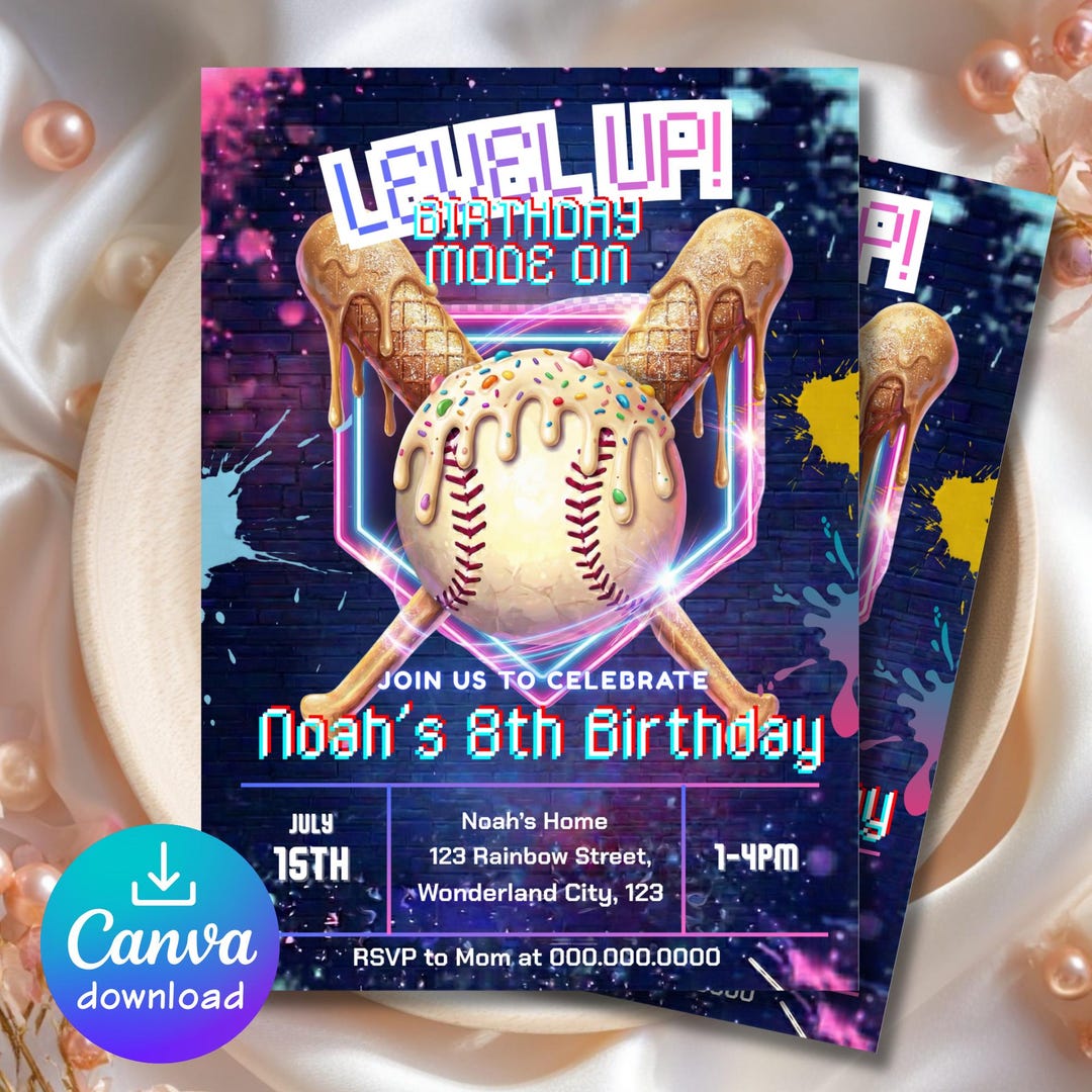 Baseball Ice Cream Birthday Invitation, Neon Sports Party Invite ...