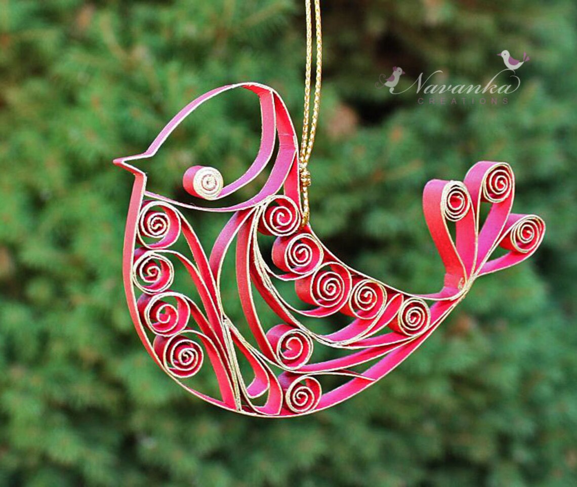 Paper Quilling Red and Gold Bird Ornament in Gift Box, Bird Keepsake ...