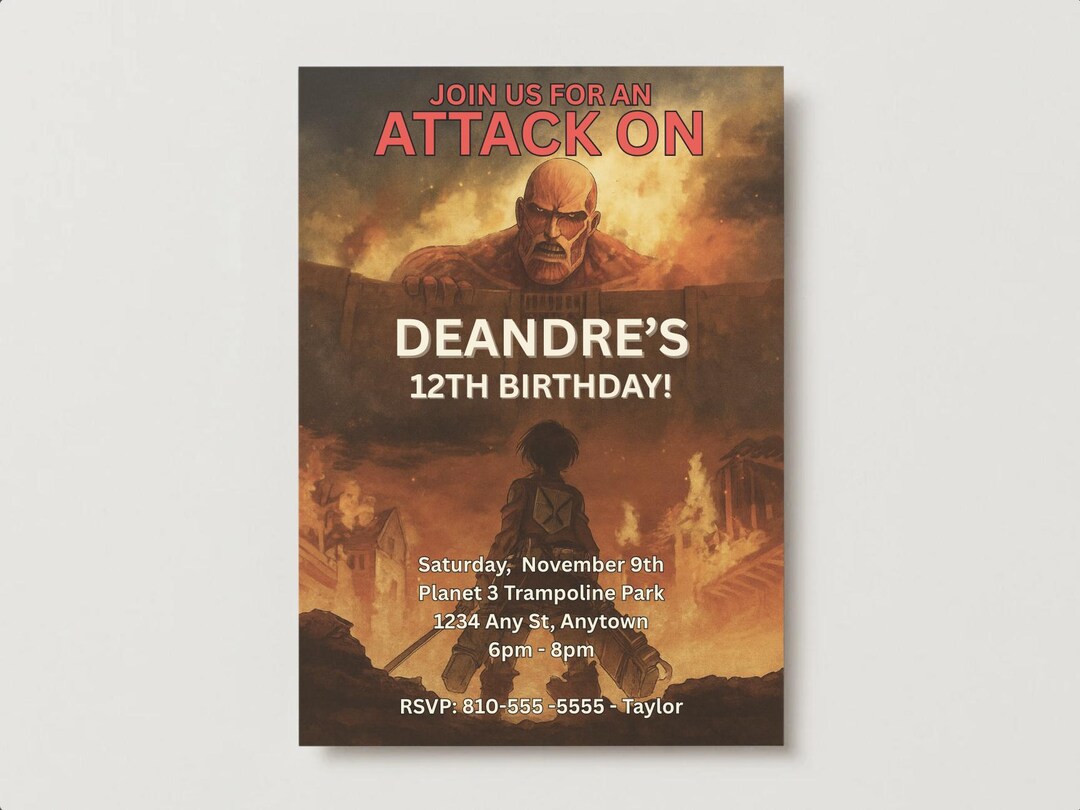 Attack on Titan Birthday Invitation | Anime Birthday Invite | Editable ...