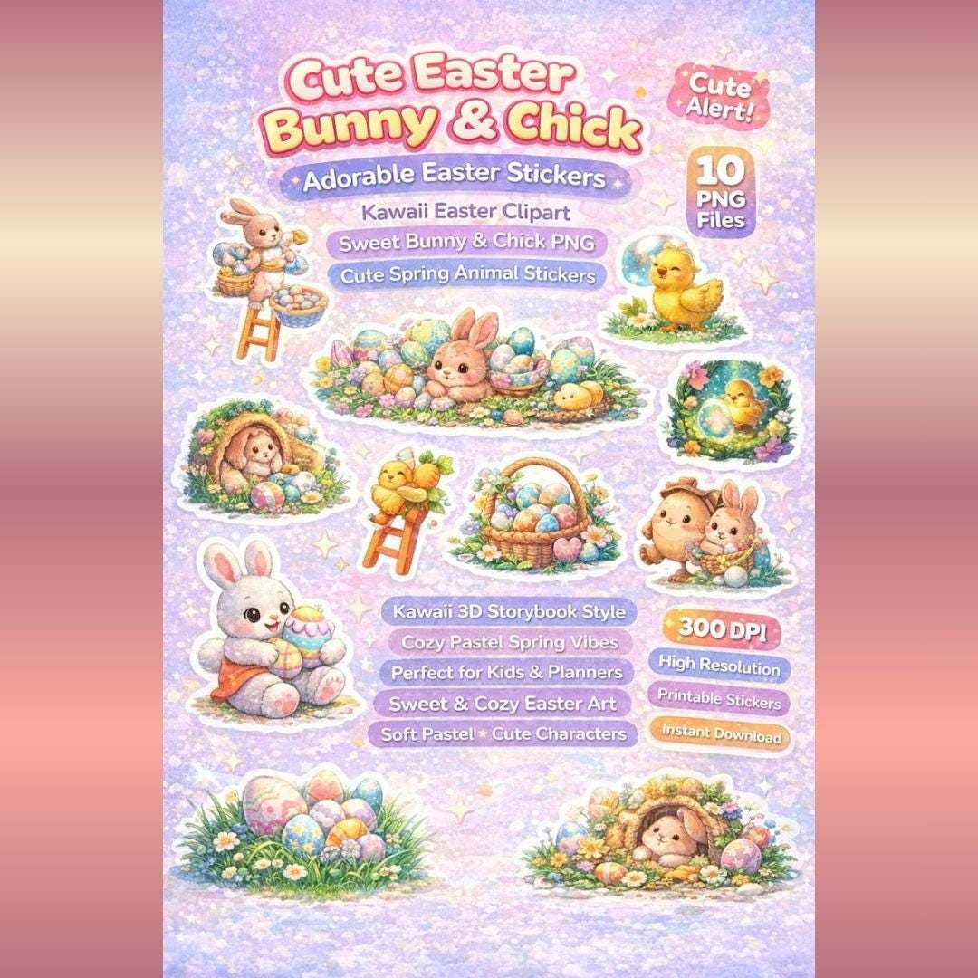 Cute Easter Bunny & Chick Clipart PNG Bundle | Kawaii Storybook Spring ...