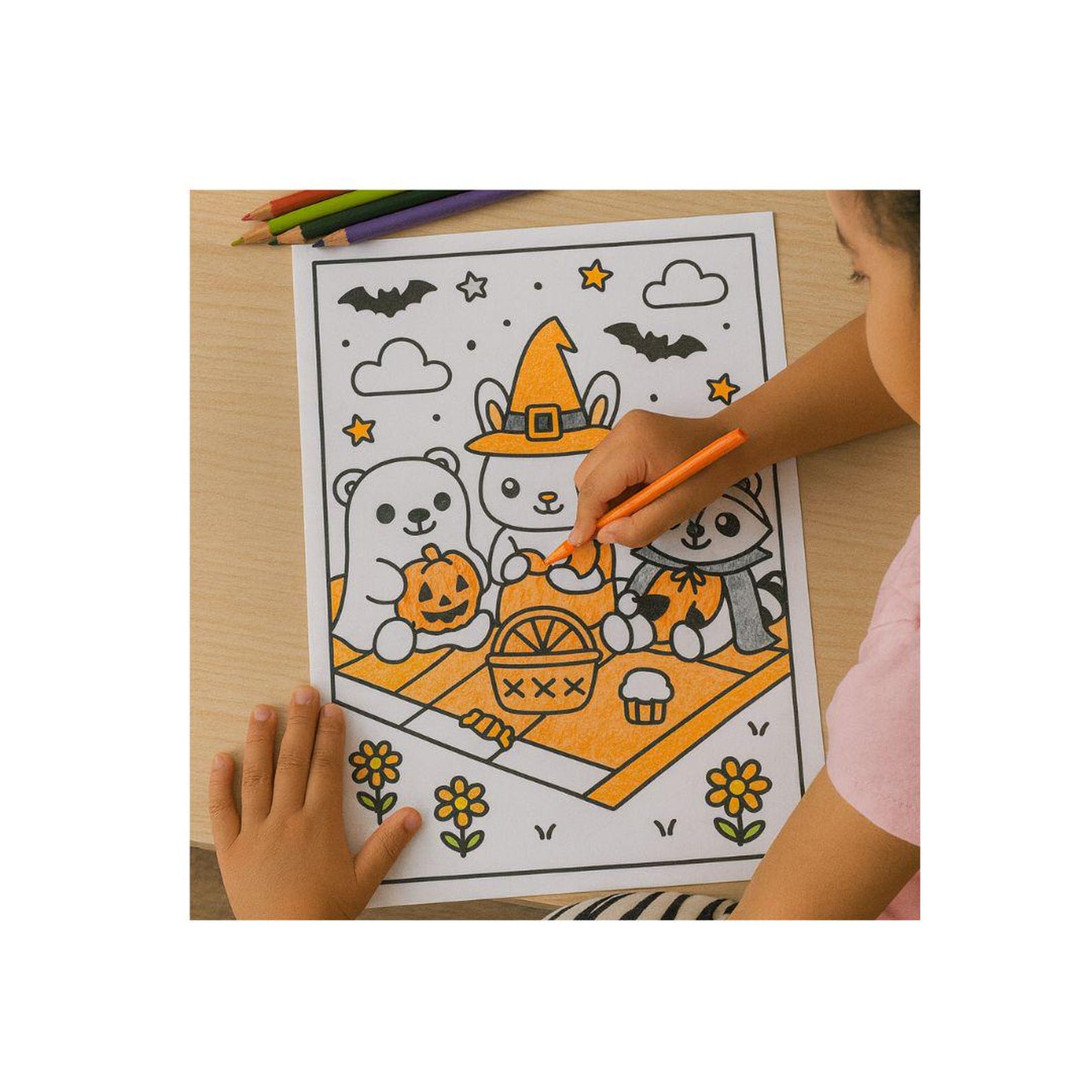 Kawaii Halloween Coloring Pages | Spooky Animals Picnic (digital ...