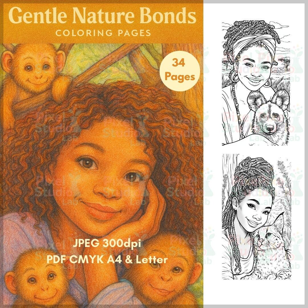 34gentle Nature Bonds Coloring Pages, Women, Animals (digital Download ...