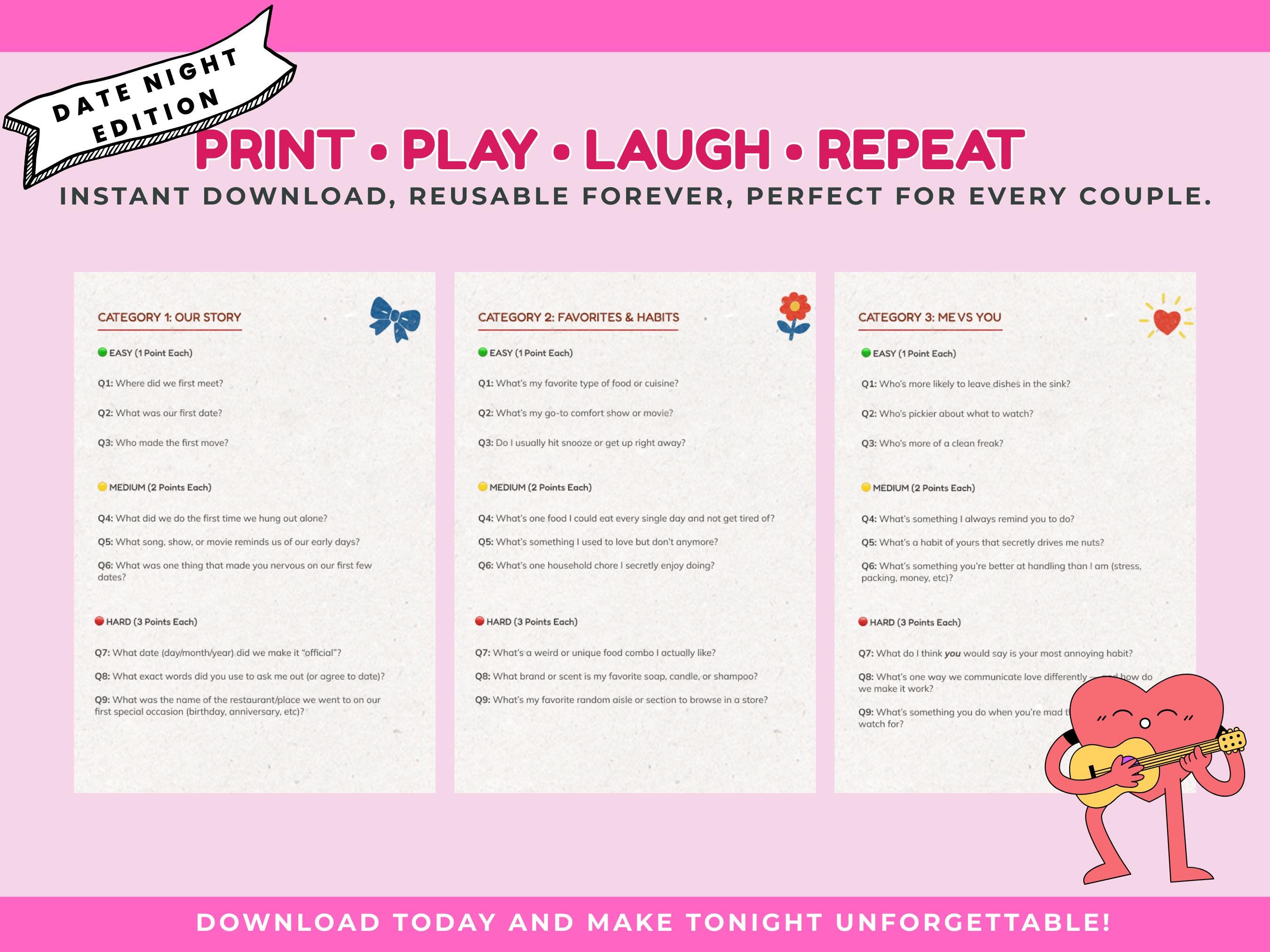 Couples Trivia Printable – Funny Date-night Game | Road Trip, Honeymoon ...
