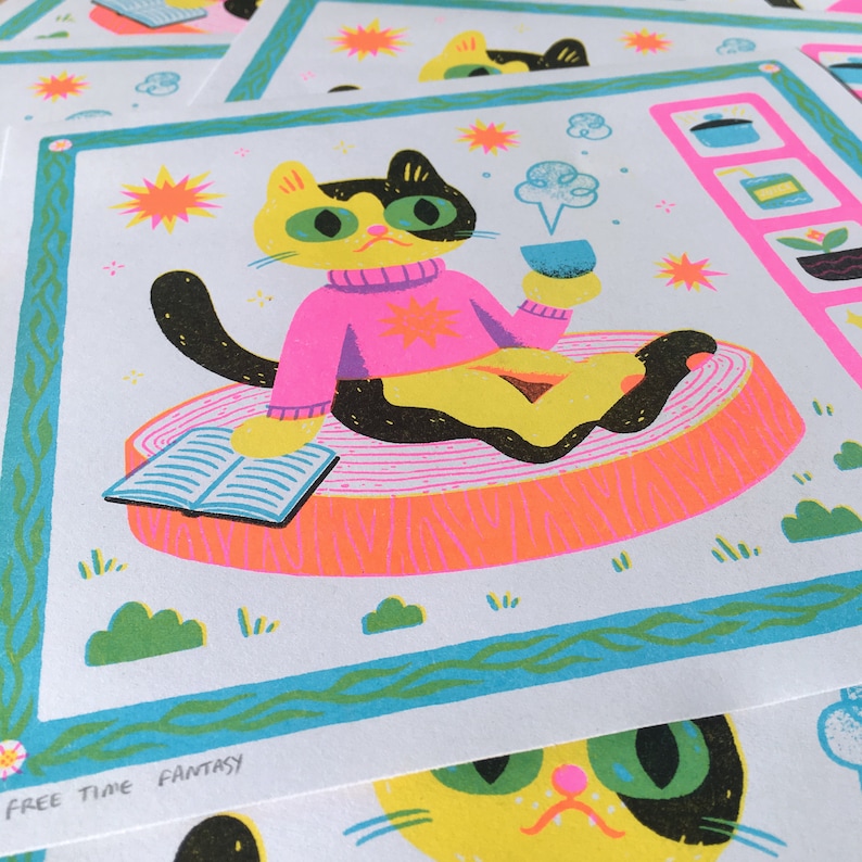 Cat's Day off Riso Print Free Time Fantasy Hobby Time - Etsy
