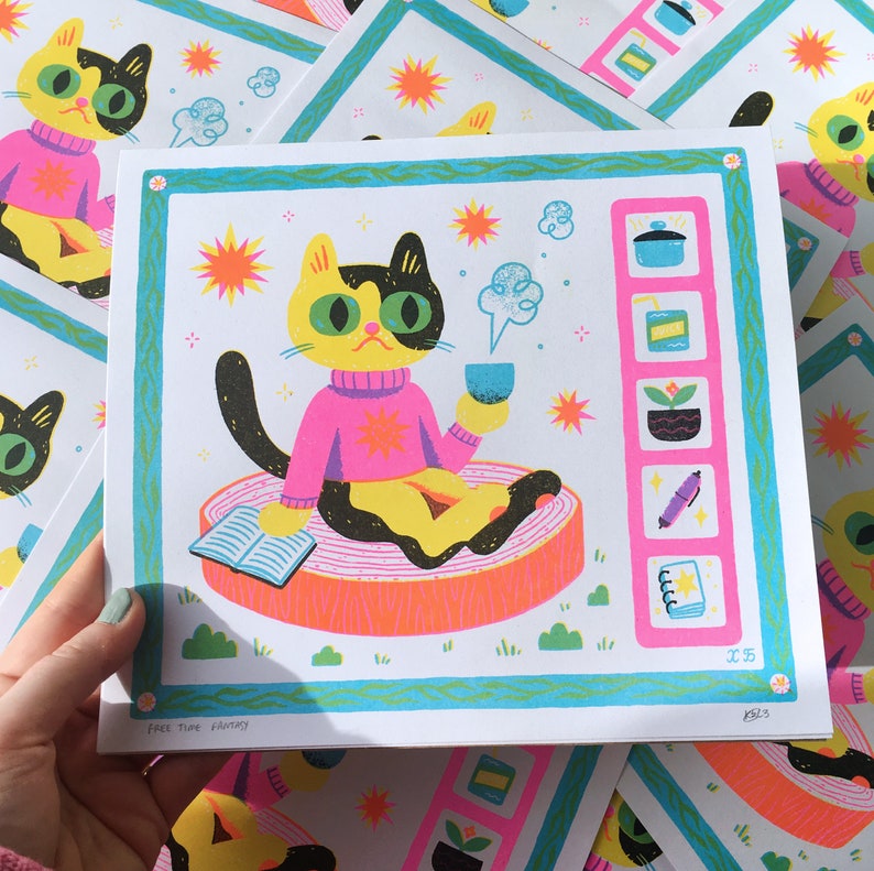 Cat's Day off Riso Print Free Time Fantasy Hobby Time - Etsy