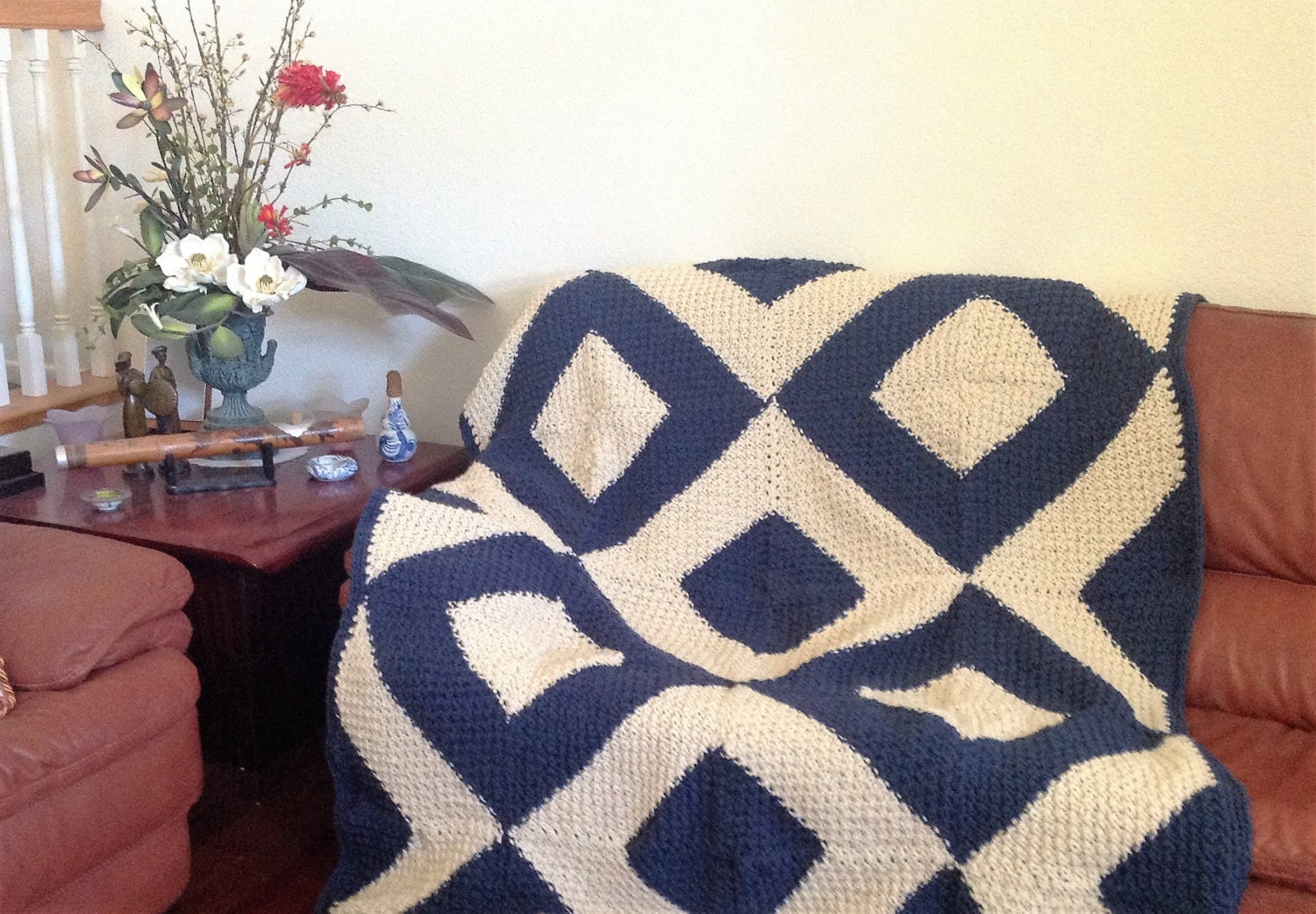 Ready-made Knit Afghan DIAMOND BLOCK Pattern in White and Blue - Etsy