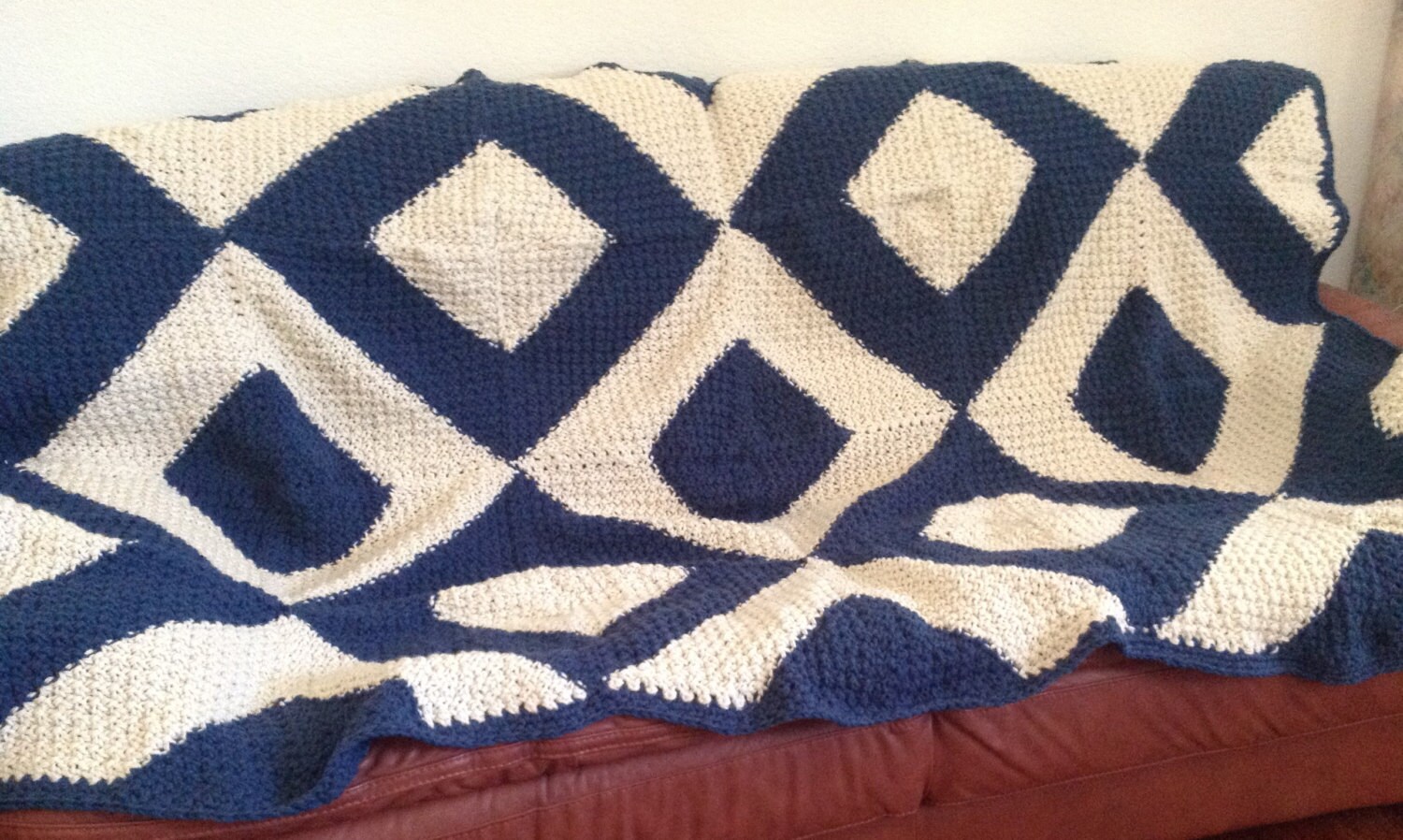 Ready-made Knit Afghan DIAMOND BLOCK Pattern in White and Blue - Etsy