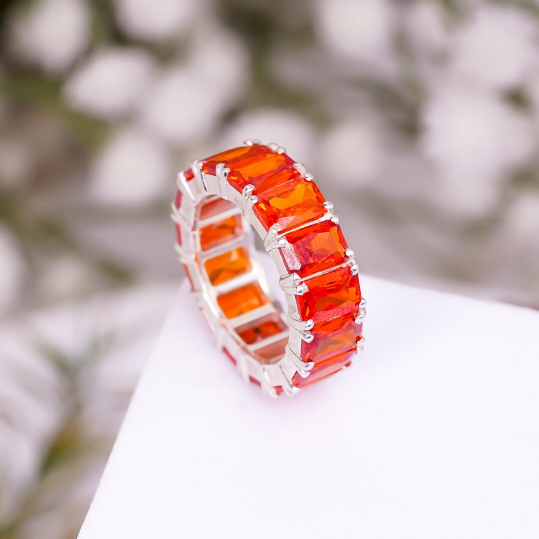 Natural Orange Sapphire Emerald Cut Full Eternity Band Ring, 925 ...