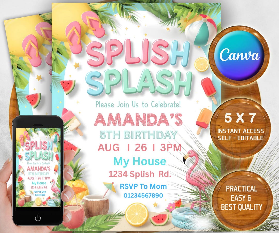 Editable Splish Splash Birthday Invitation, Girl Pool Party Invitation ...
