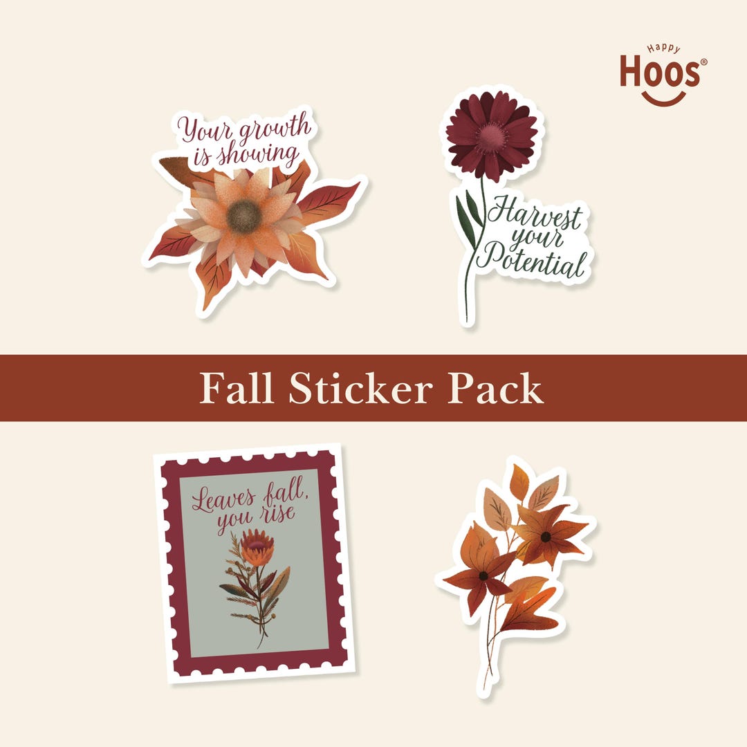 Fall Sticker Pack, 4 Waterproof Matte Vinyl, Autumn Floral Motivational ...