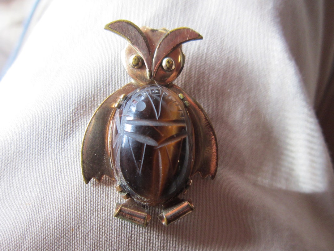 Large Wrf Tiger Eye Scarab Brooch Owl Hes Gorgeous 1 3/4 by 1 1/8" - Etsy