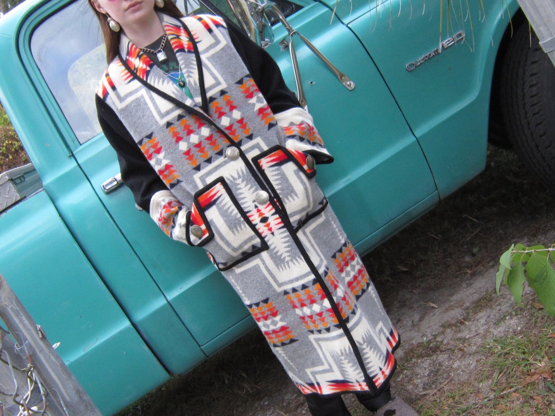 Pendleton Reversible Indian Blanket Coat Sz M Silver Buttons Wool Coat ...