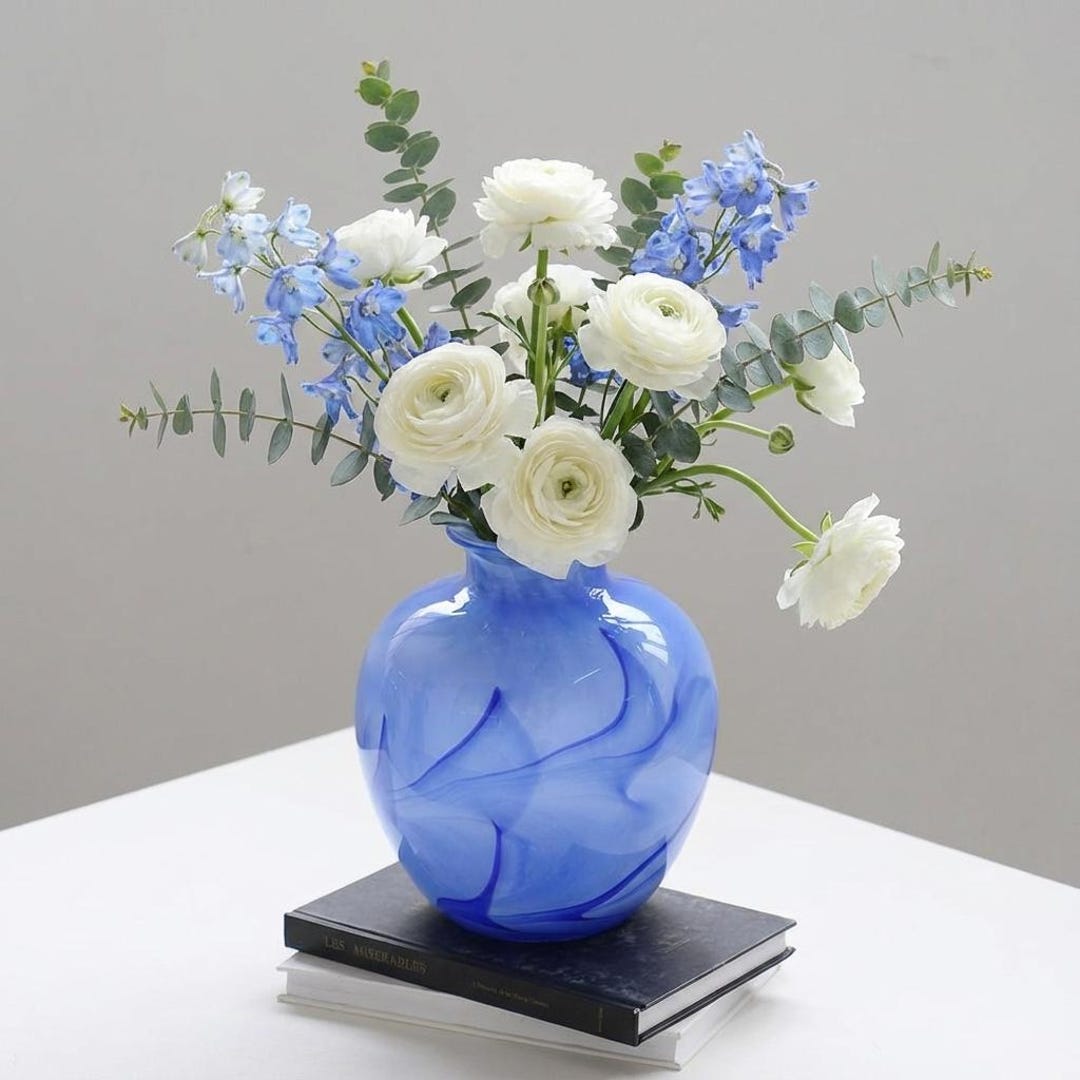 Blue Ripple Glass Vase, Semi-handmade Wavy Flower Centerpiece - Etsy