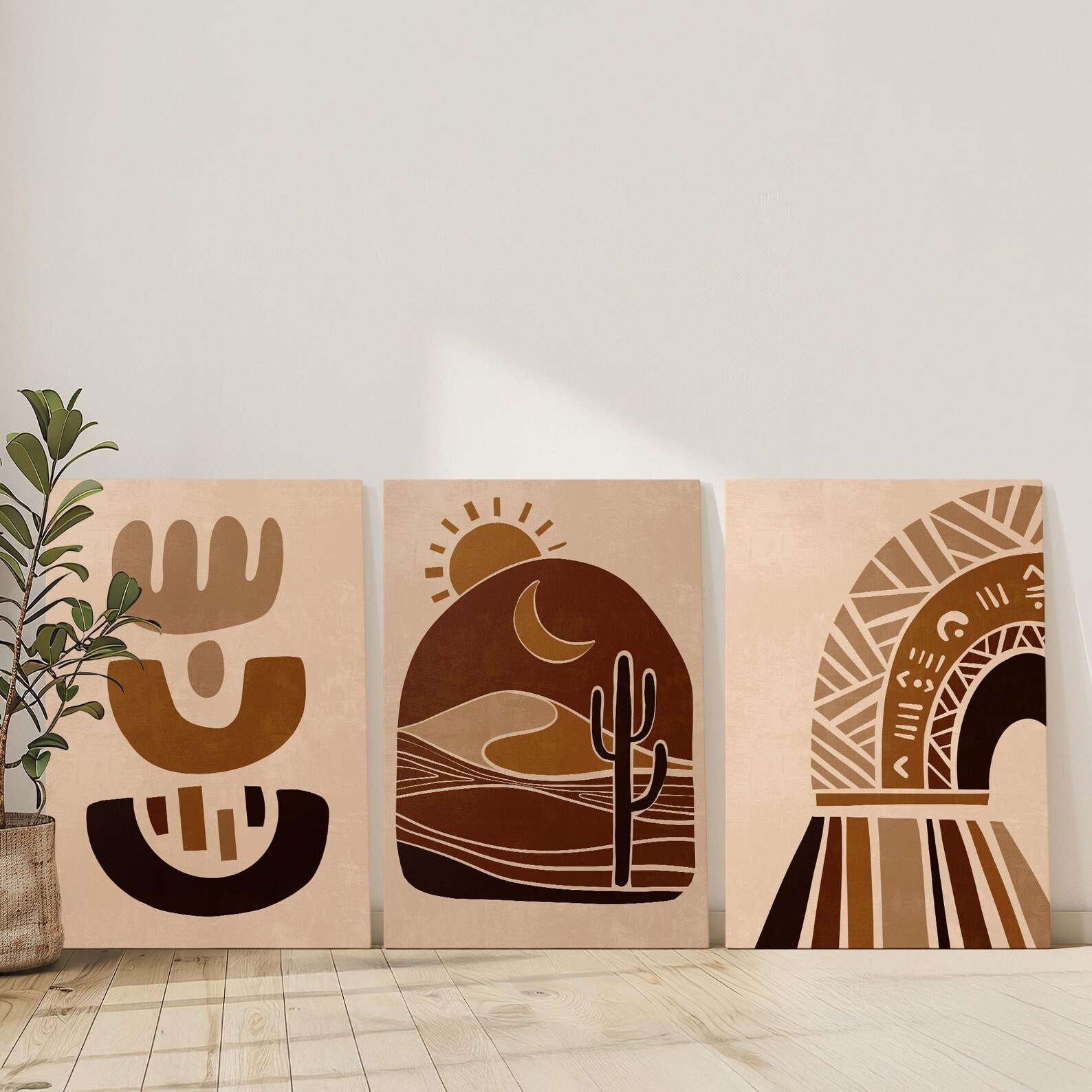 Set of 3 Sun and Moon Western Desert Wall Art on Canvas - Neutral ...