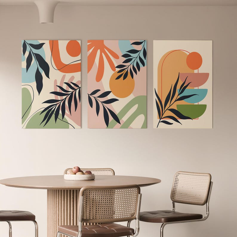 Set of 3 Botanical Leaves Canvas Wall Art Set - Modern Abstract Set ...