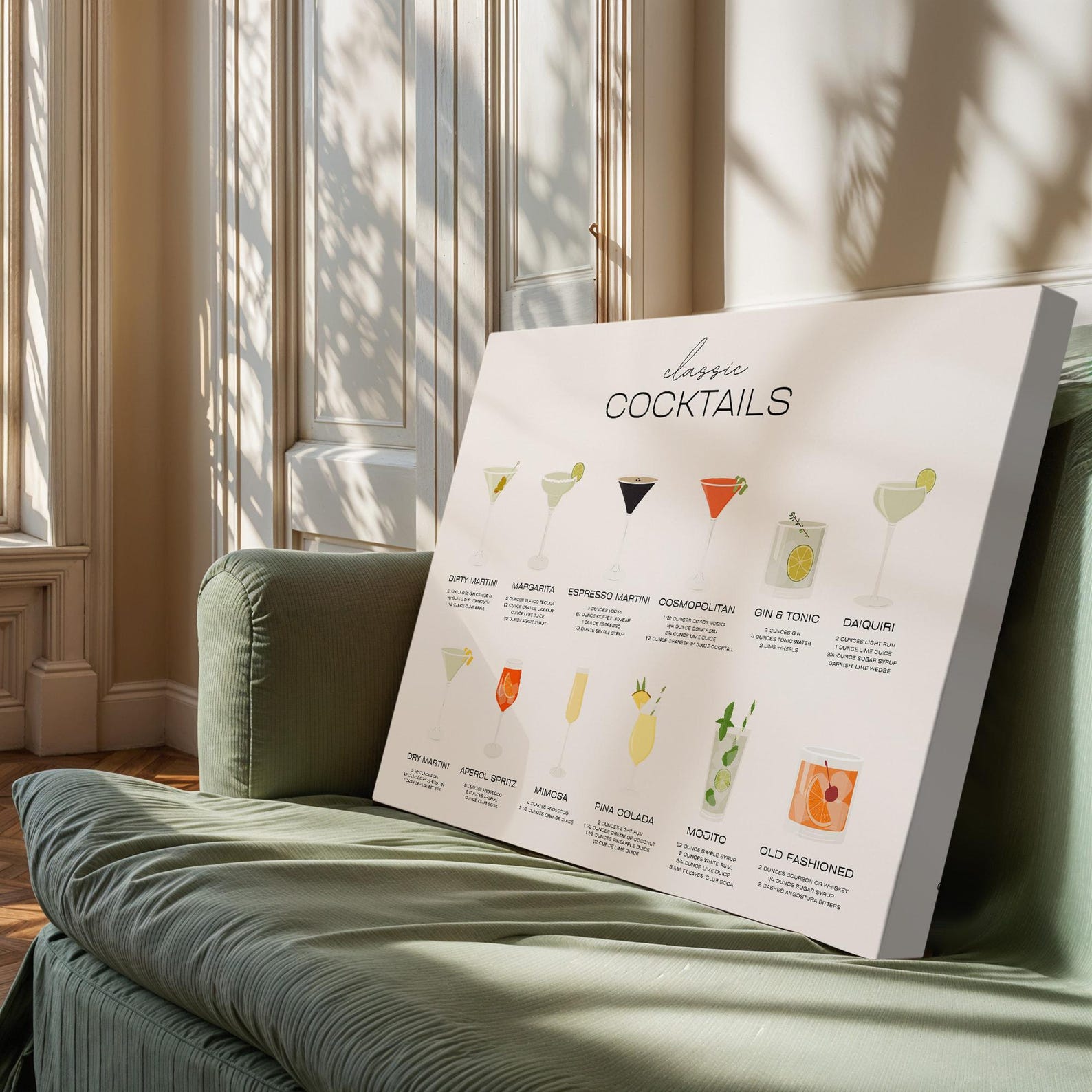 Classic Cocktails Canvas Wall Print - Types of Cocktail Preppy Wall Art ...