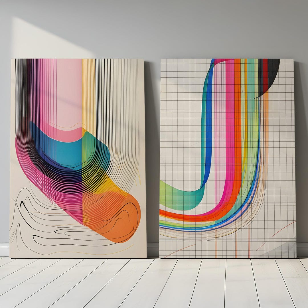 Set of 2 Colorful Lines Abstract Canvas Wall Art - Rainbow Geometric ...
