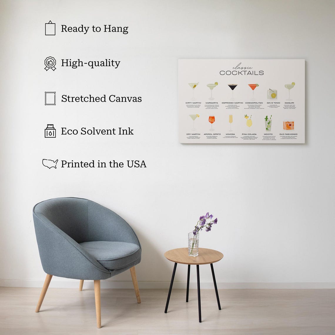Classic Cocktails Canvas Wall Print - Types of Cocktail Preppy Wall Art ...