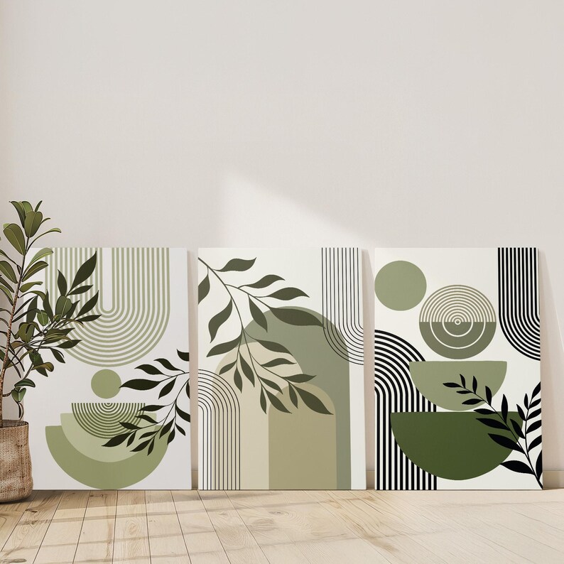 Set of 3 Sage Green Leaves and Geometric Shapes Canvas Wall Art Prints ...