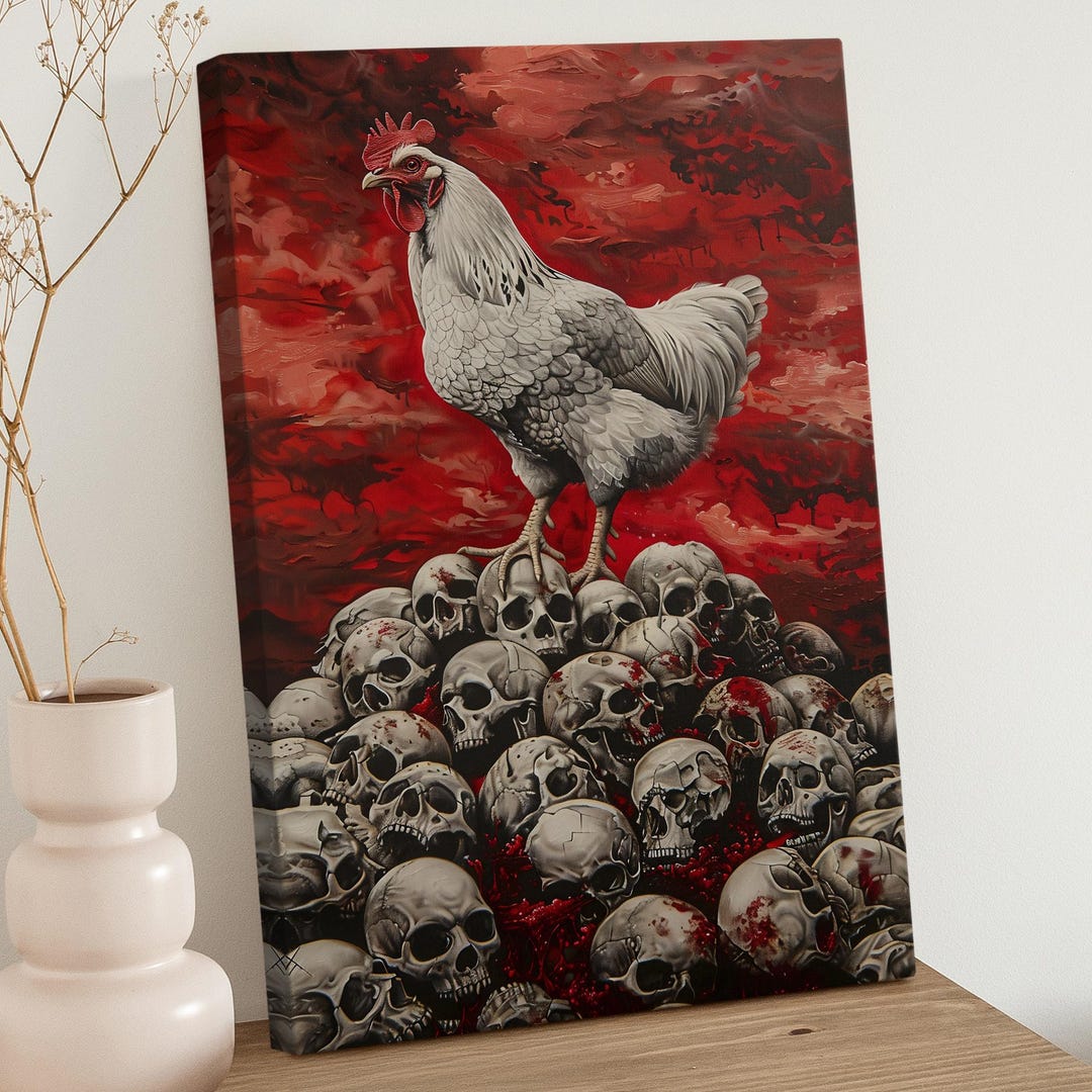 Hen With Bloody Skeletons Canvas Wall Art - Surreal Dark Fantasy ...