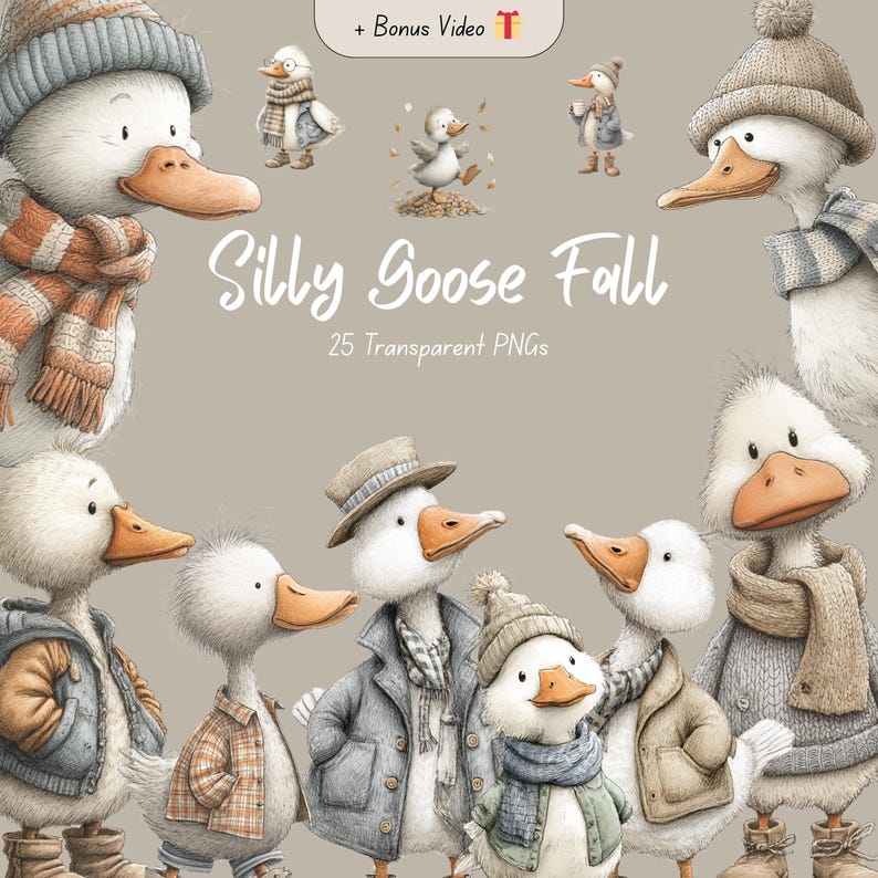 Watercolor Silly Goose Fall Clipart Set, Cute Fall Silly Goose PNG ...