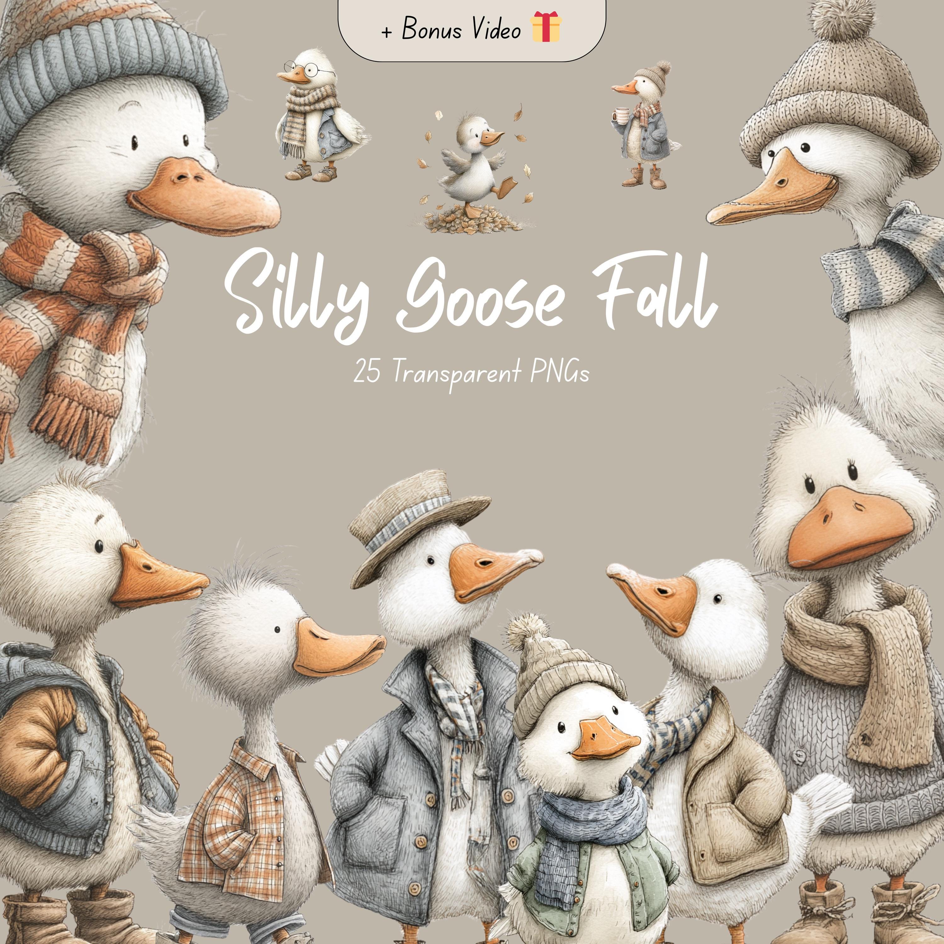 Watercolor Silly Goose Fall Clipart Set, Cute Fall Silly Goose PNG ...