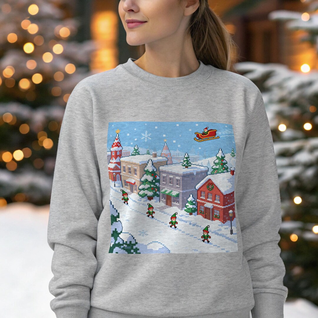Pixel Art Christmas Village PNG - Retro 8 Bit Santa Sleigh and Elves ...