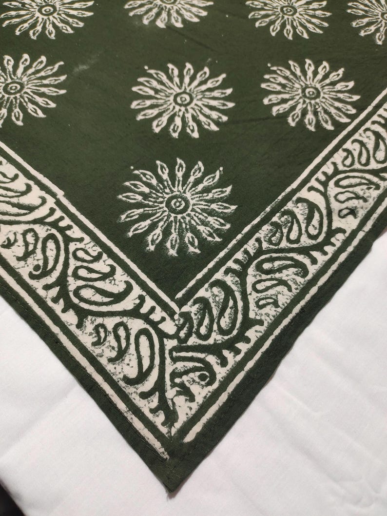 Handcrafted Block Print Cotton Bandana: Dark Green Floral Boho Scarf - Etsy