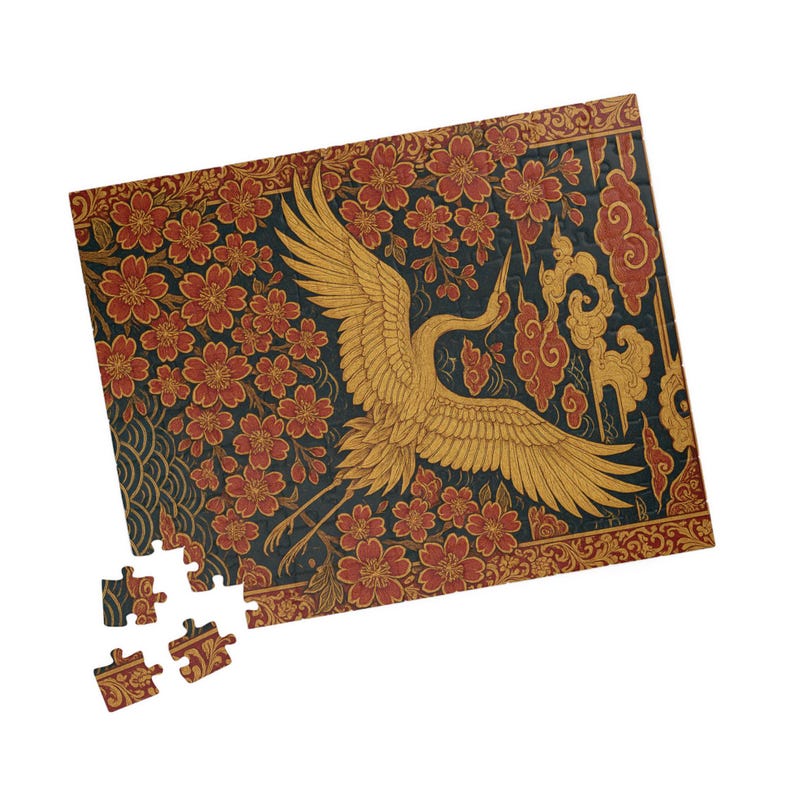 Japanese Crane Jigsaw Puzzle – Elegant Gold Crane With Cherry Blossoms ...