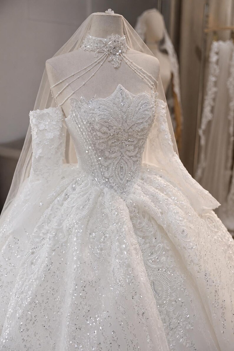 Luxury Wedding Dress, Sparkly Bridal Gown, Lace Ball Gown, off Shoulder ...