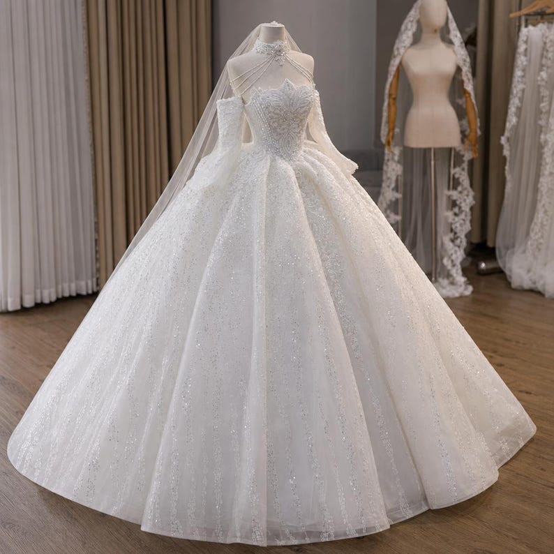 Luxury Wedding Dress, Sparkly Bridal Gown, Lace Ball Gown, off Shoulder ...