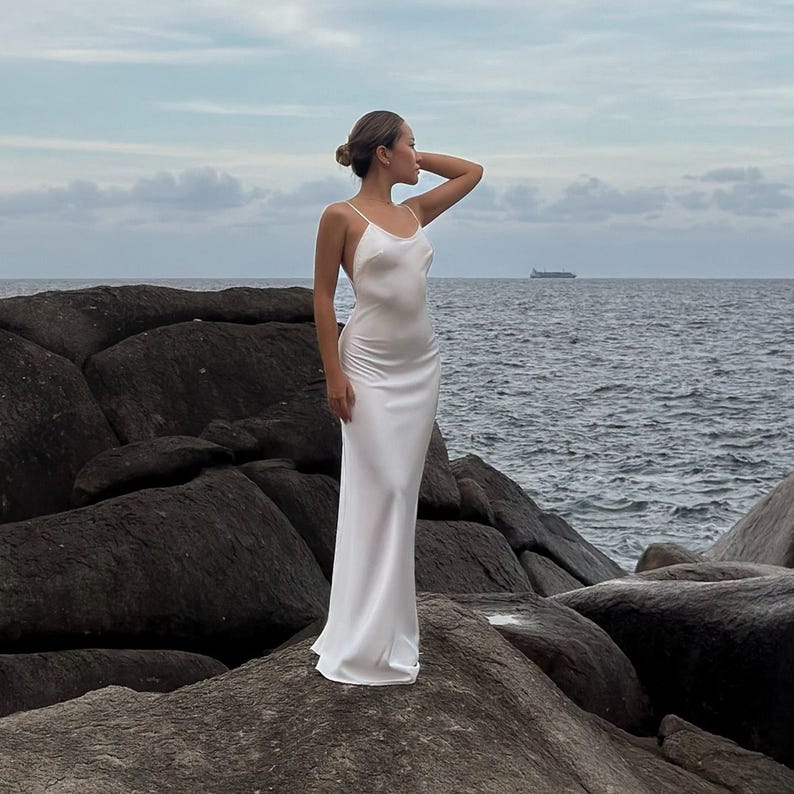 White Silk Slip Dress Open Back | Minimalist Wedding Dress | Satin ...