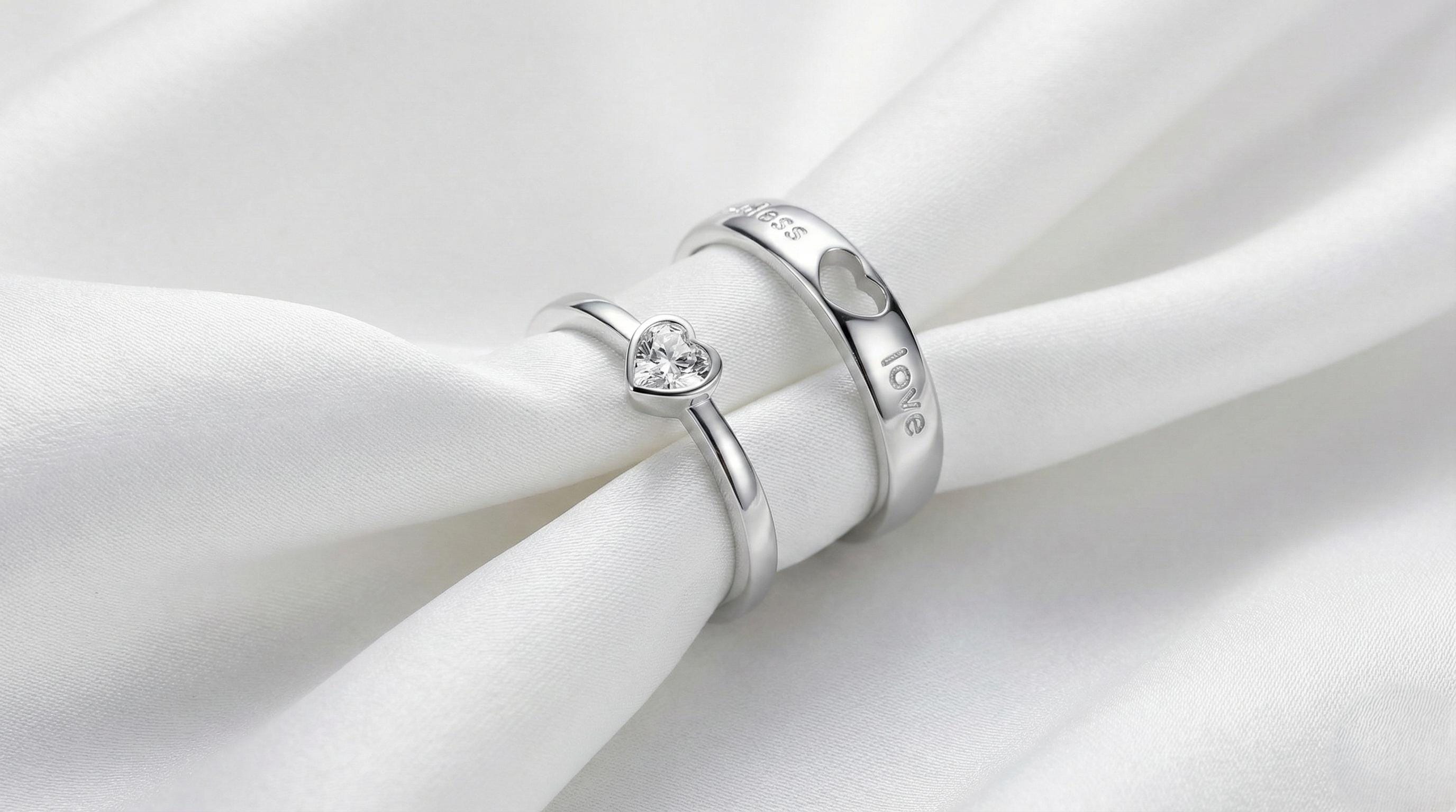 S925 Silver Endless Love Couples Ring Set, Heart CZ Promise Rings ...