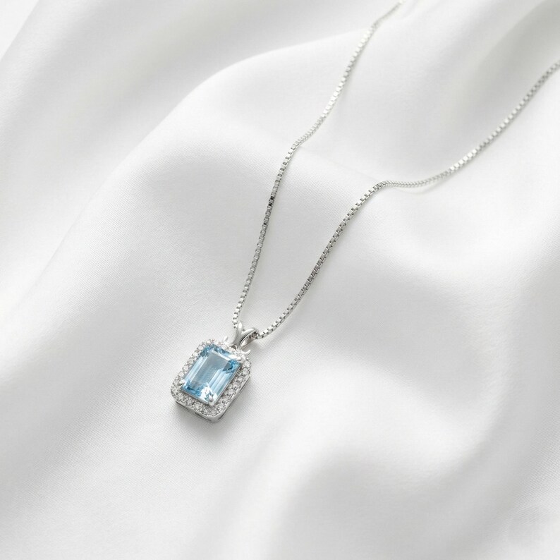 Emerald Cut Aquamarine Halo Pendant Necklace, Sterling Silver Box Chain ...