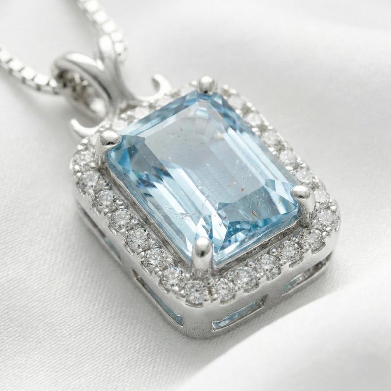 Emerald Cut Aquamarine Halo Pendant Necklace, Sterling Silver Box Chain ...
