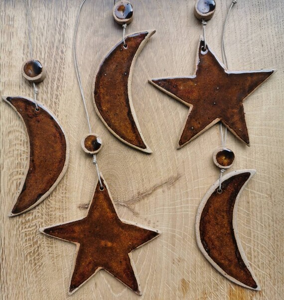 Crescent Moon and Stars Folk Art Ceramic Hanging Decorations - Etsy