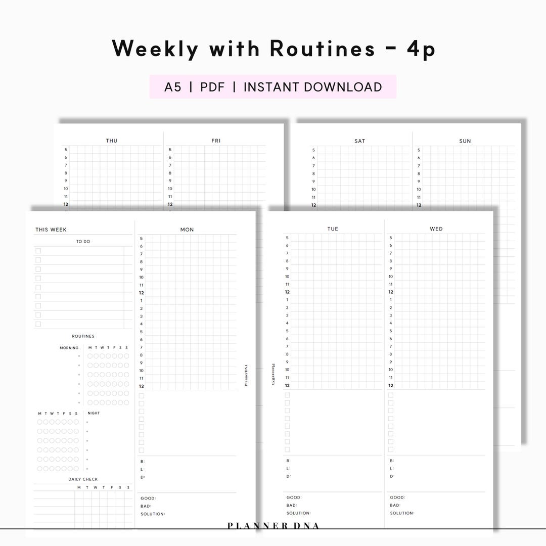 Weekly With Routines, A5 Printable Planner Insert, Week on 4 Pages ...