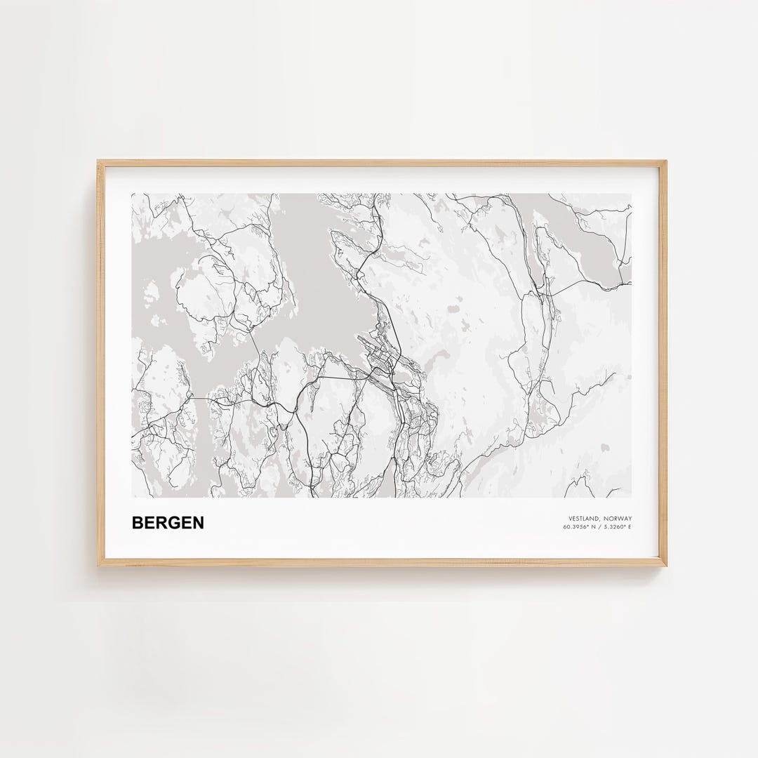 Bergen Landscape Map Print, Bergen Vestland Modern Map Poster, Bergen ...