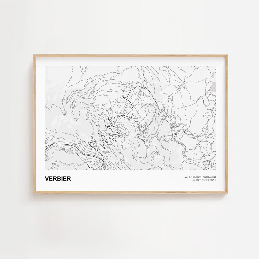 Verbier Landscape Map Print, Verbier Val De Bagnes Modern Map Poster ...