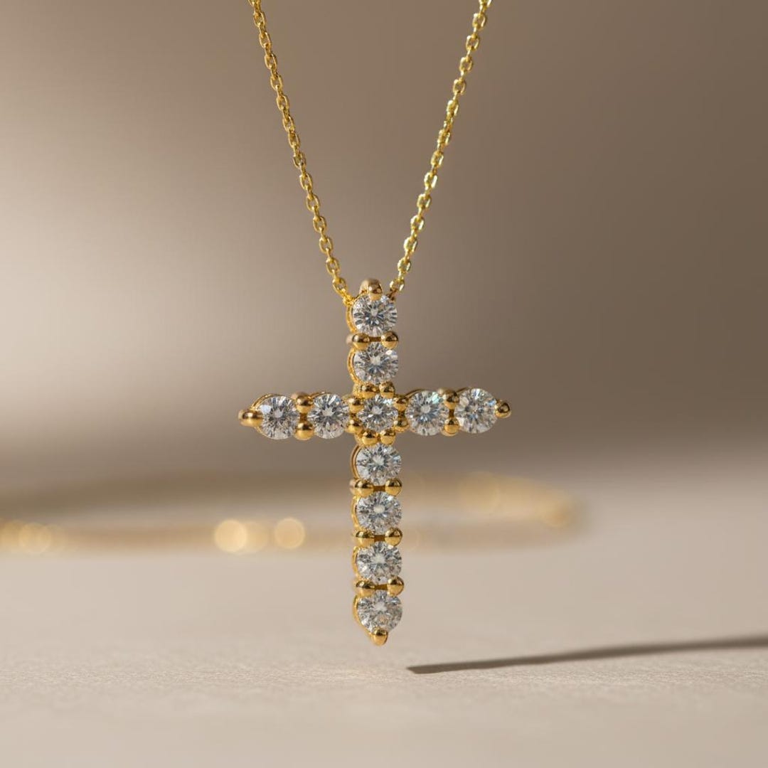 0.50 Ct Diamond Cross Necklace, 14K Solid Gold Lab Grown Diamond ...