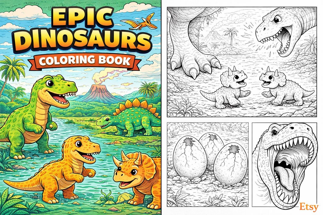 Cute Dinosaurs Coloring Book for Kids | Fun Prehistoric Animals | Easy ...