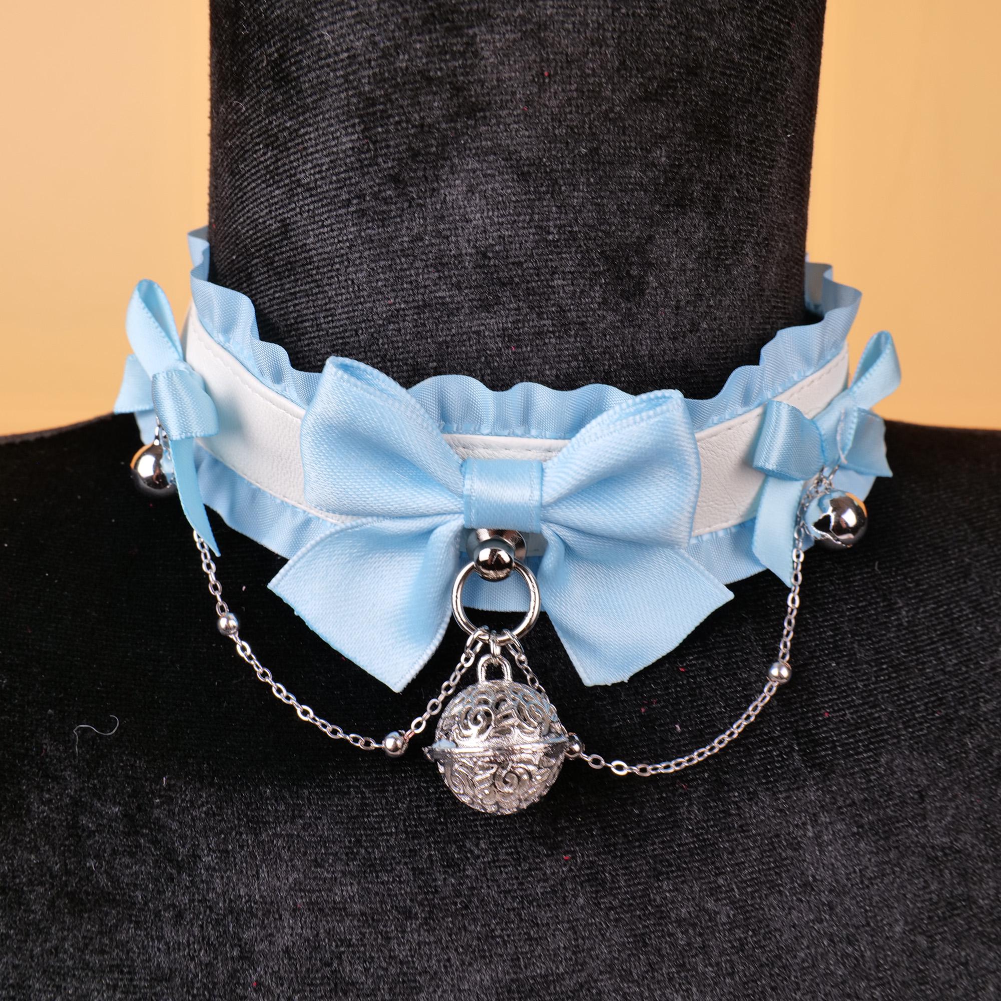 Blue Bow Leather Choker With Bells and Chain | Adjustable Cute Cosplay ...