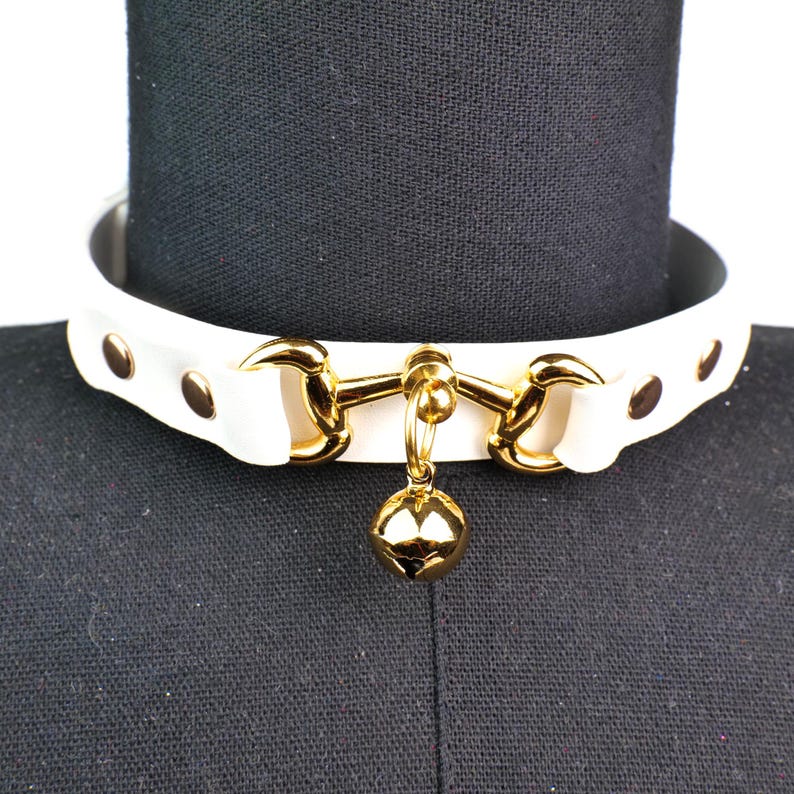 White Leather Choker With Gold Bell and Bone Decor, Removable Chain ...