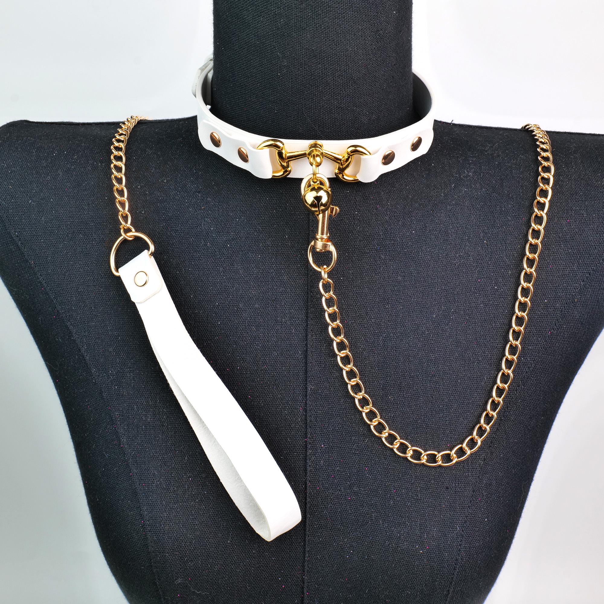 White Leather Choker With Gold Bell and Bone Decor, Removable Chain ...